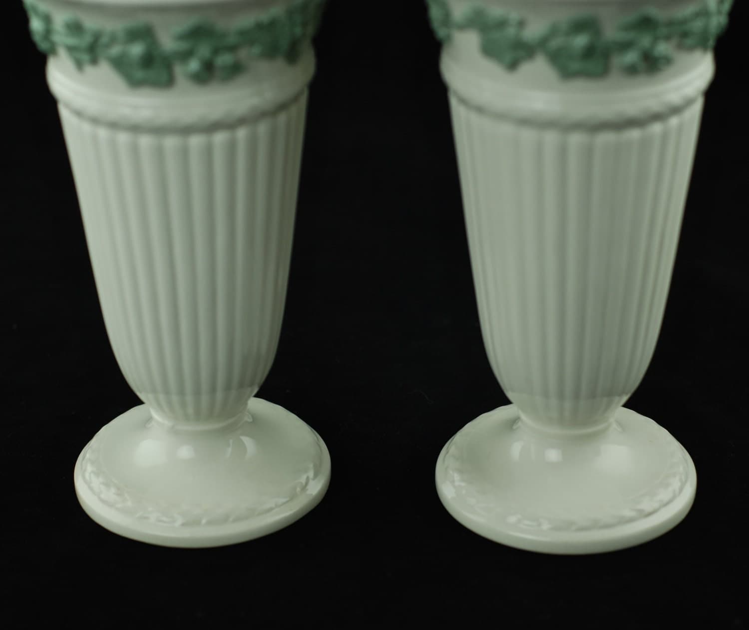 Vintage Wedgwood Embossed Green on White Queensware Vases