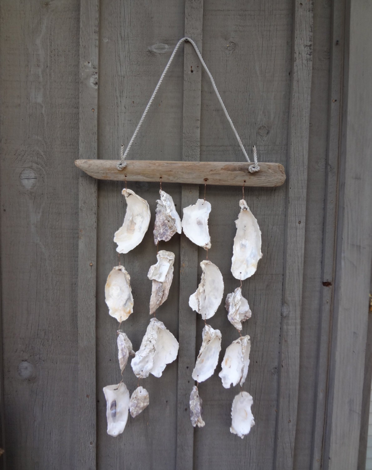 Oyster shell wind chime drift wood nautical rope XL by lovesalvage