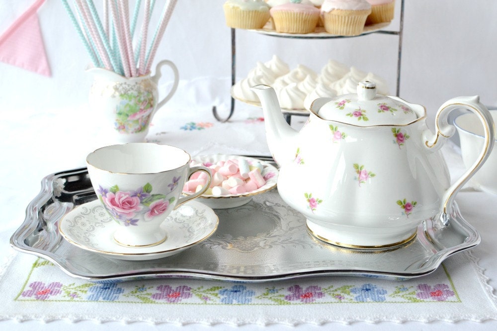 Large English chrome plated embossed tray: great for serving tea or ...