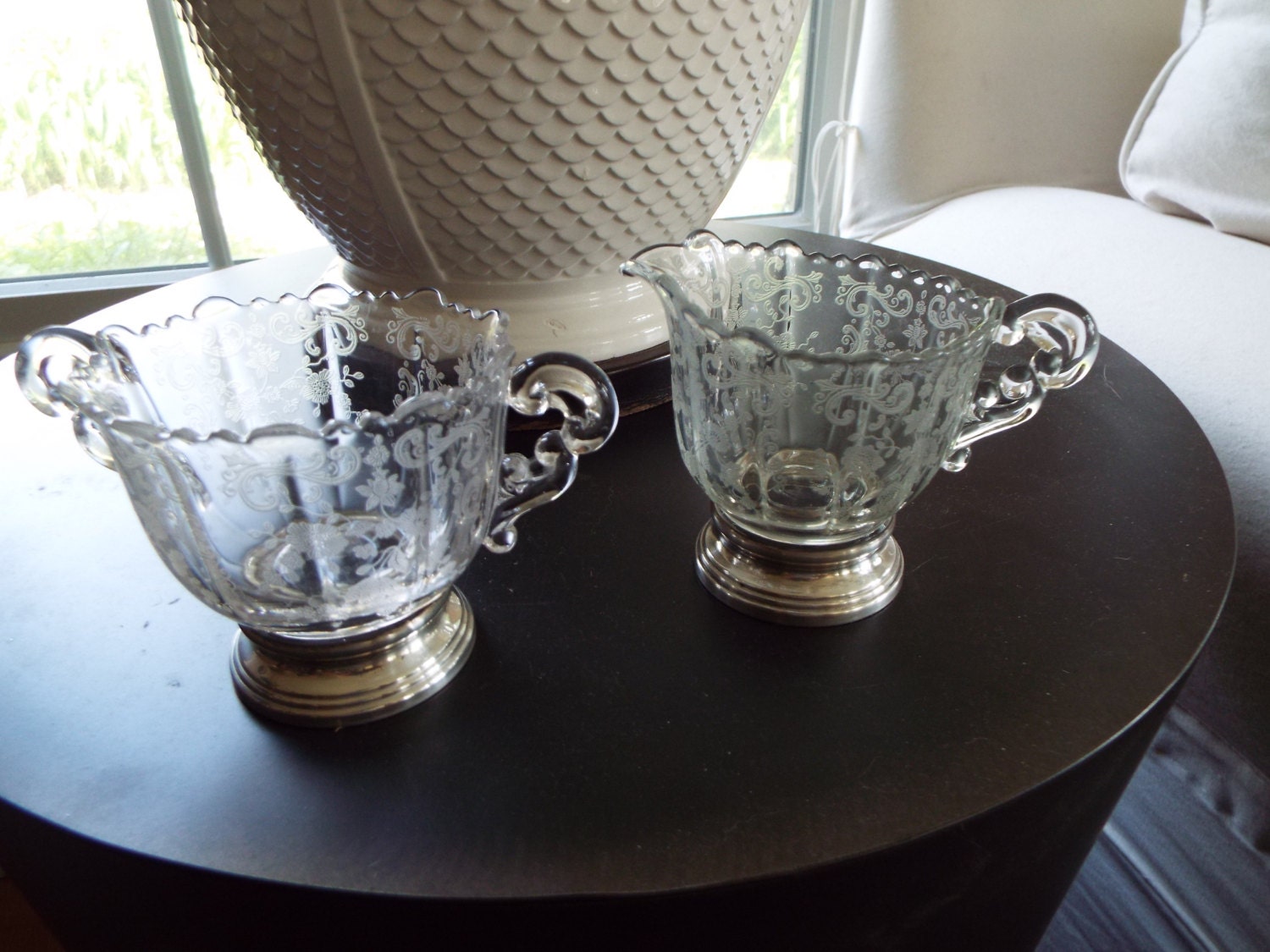Cambridge glass chantilly etched glass sterling silver creamer sugar ...