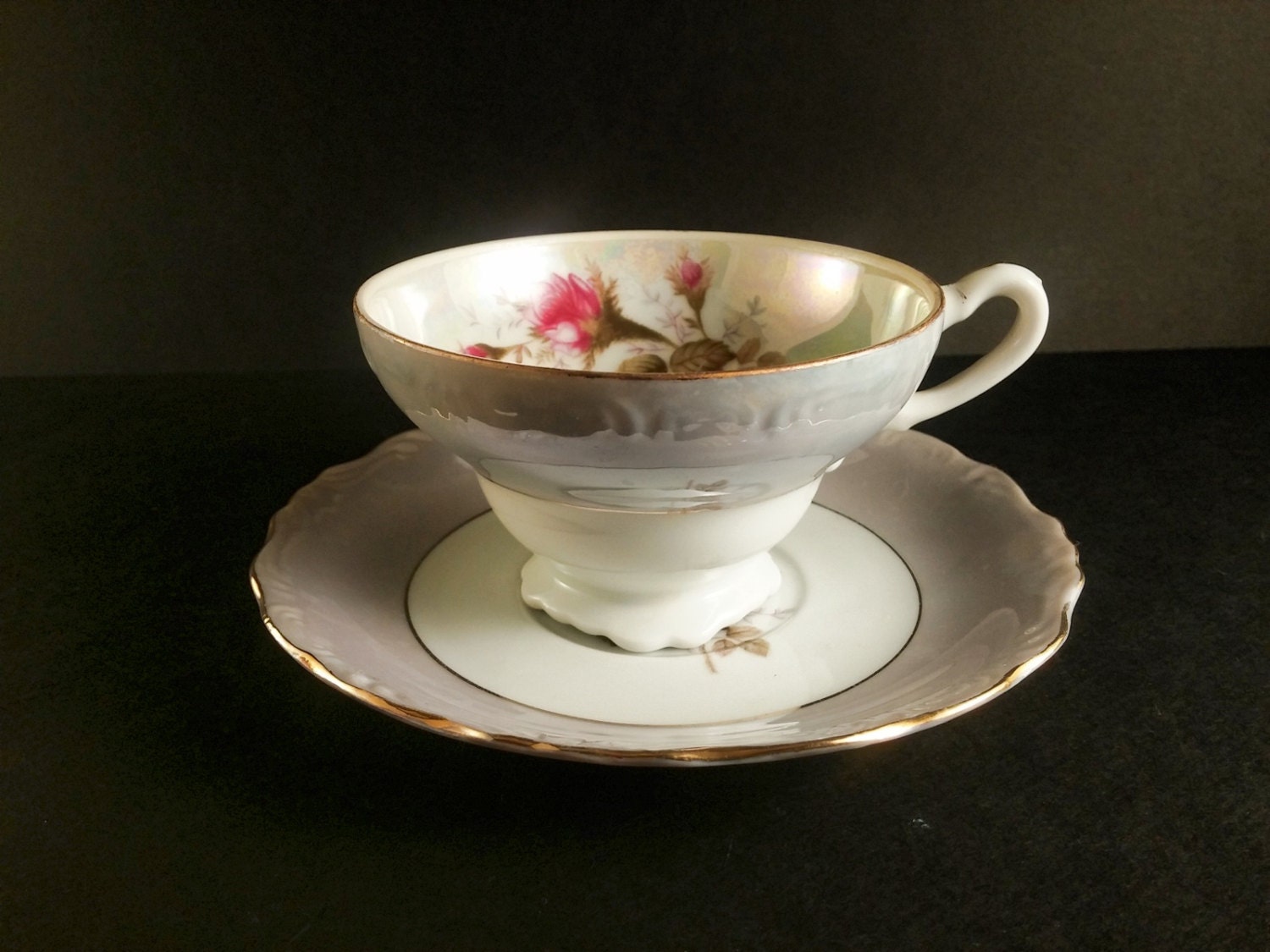 Vintage Gray and White Lusterware Cup and Saucer with Pink