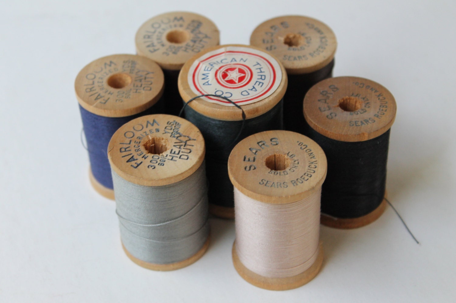 1950s Lot of 7 Vintage Wood Thread Spools/ Fairloom and Sears