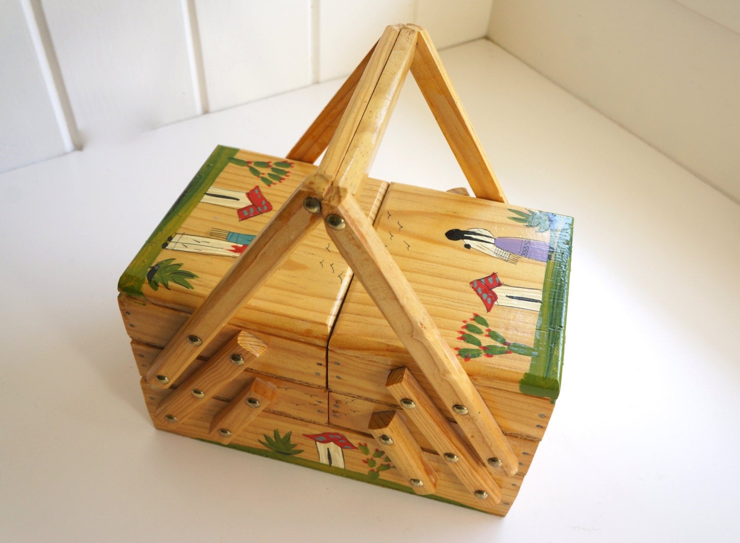 Accordian Style Wooden Sewing Box / Storage Box With Primitive Folk Art ...
