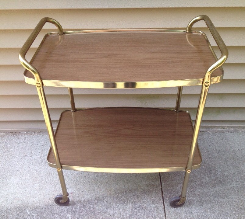Midcentury Modern Brass and Faux Wood Bar Cart/ Serving Cart/ Wine Cart ...