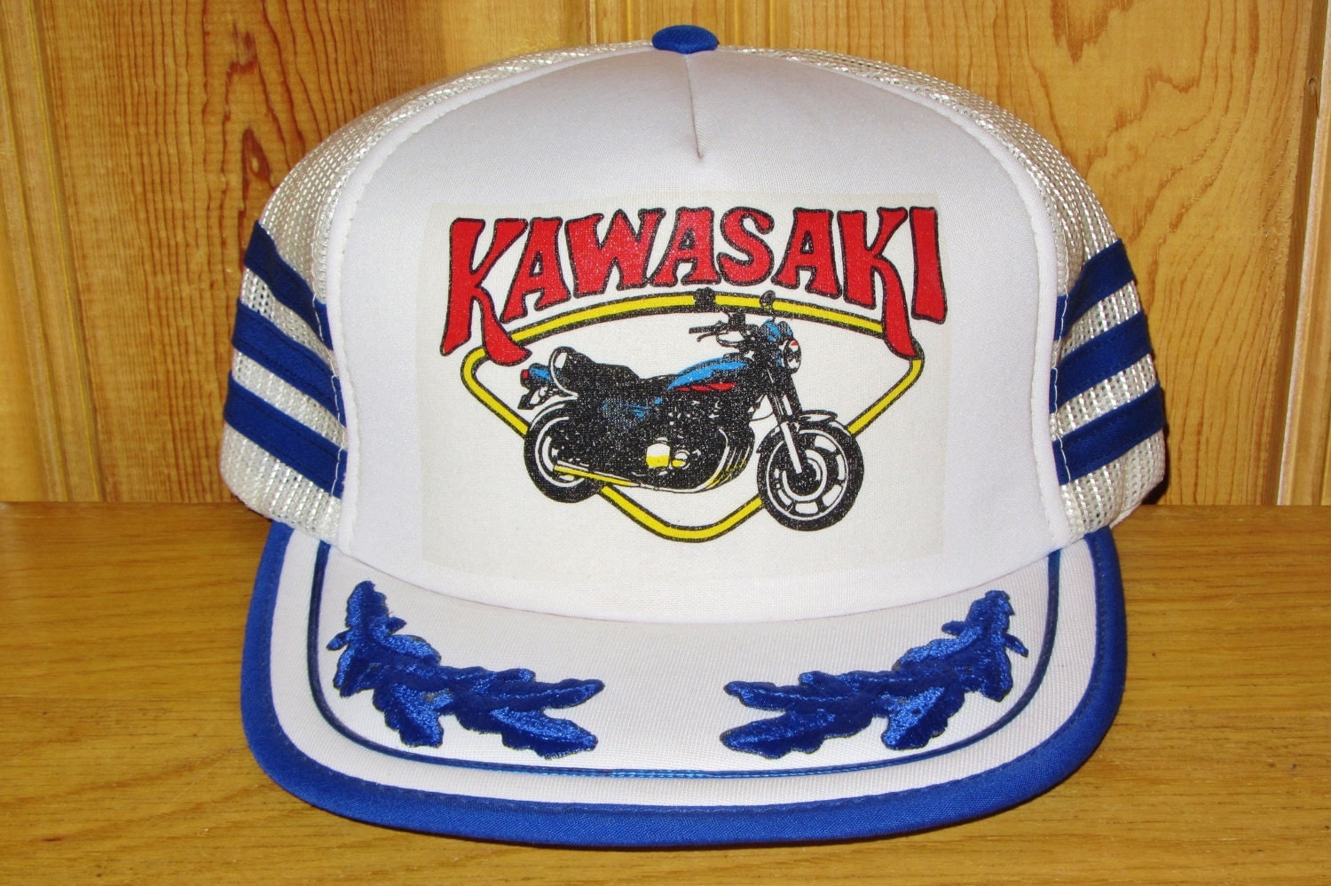 KAWASAKI Motorcycle Original Vintage 80s White Mesh Blue Stripe Trucker ...