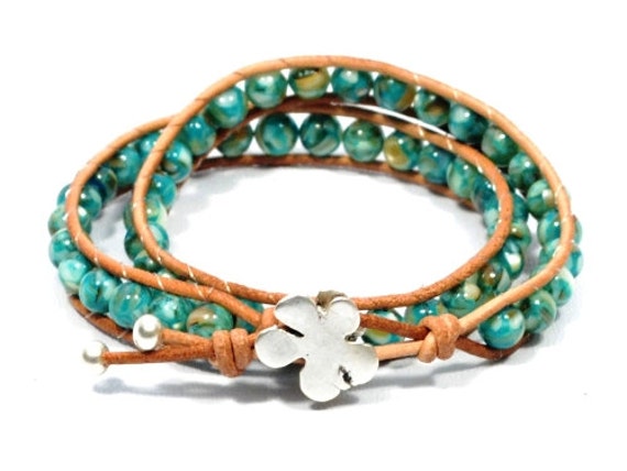 Items Similar To Beaded Leather Bracelet Green Beaded Bracelet