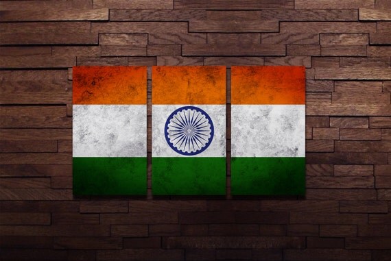 Triptych India Flag hanging Rustic Worn Metal Wall Art Grunge