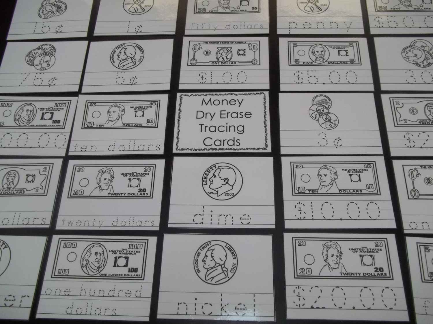 26 Money Tracing laminated dry erase cards. Preschool money tracing. 4 ...