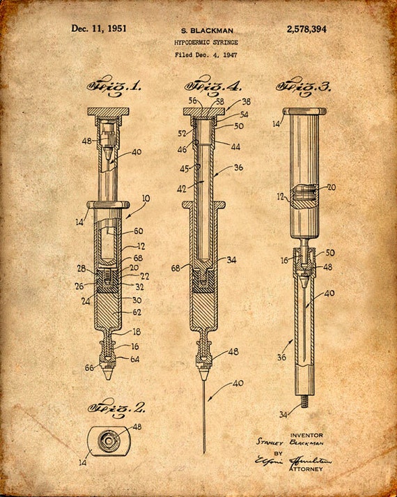 Hypodermic Syringe Patent Print Patent Art Print Patent