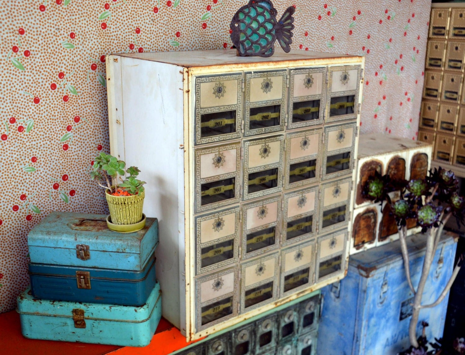 Vintage Post Office Box Mail Cubby Cabinet: Divided Block of Sixteen ...