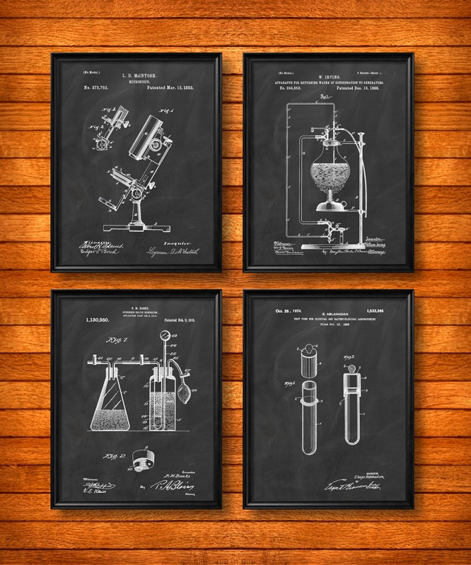 SET of 4 SCIENCE Posters Vintage Patent Illustration Art