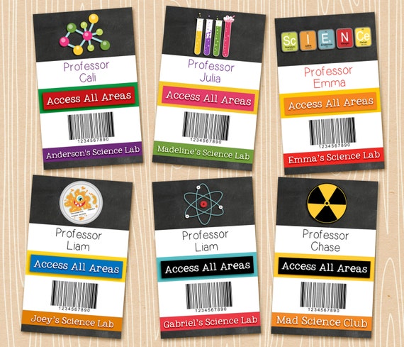 Personalized Science Party Badges Id by DreamJarInvitations