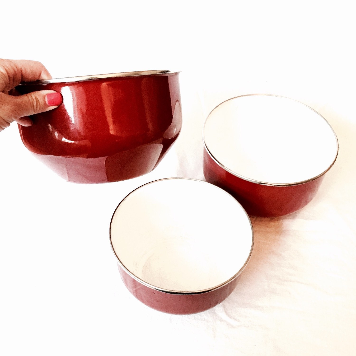 Enamel red mixing bowls set three deep red enamel vintage serving bowls ...