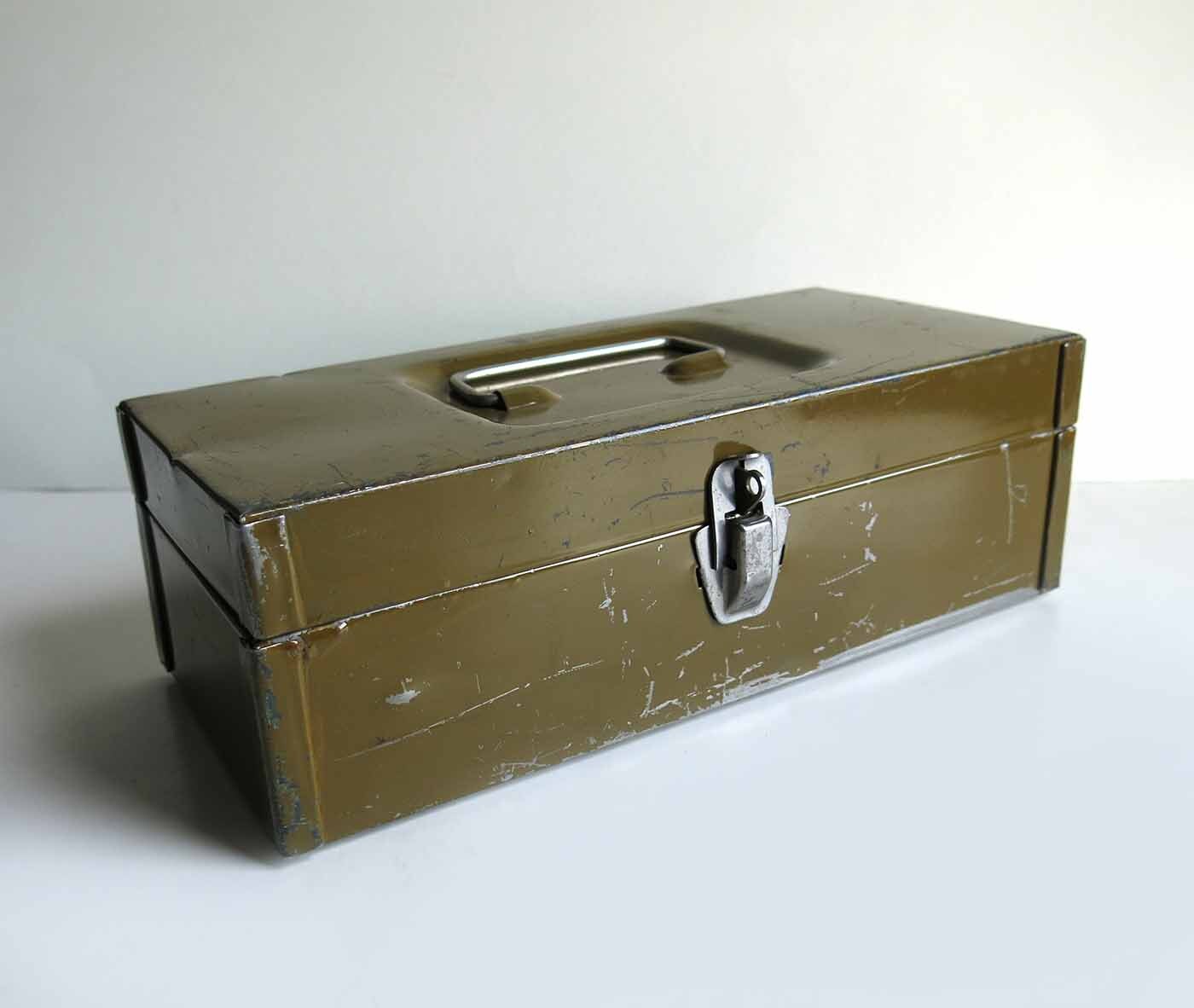 Vintage Metal Army Olive Green Aged Patina Lockbox, Industrial Metal ...
