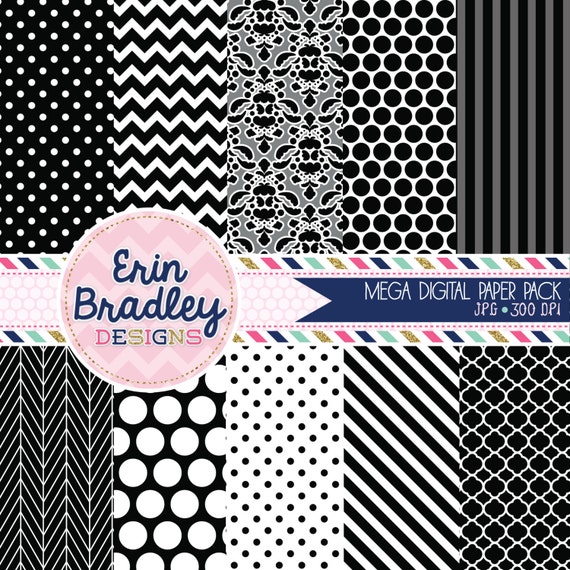 Black Digital Paper Pack Polka Dots Damask by ErinBradleyDesigns