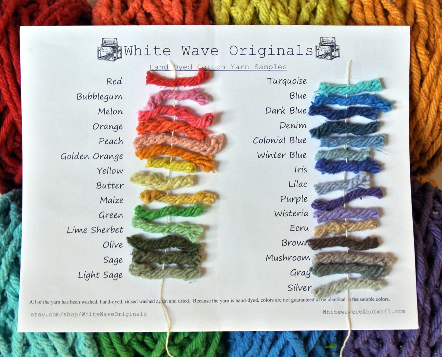 Hand dyed cotton Rug Yarn sample card