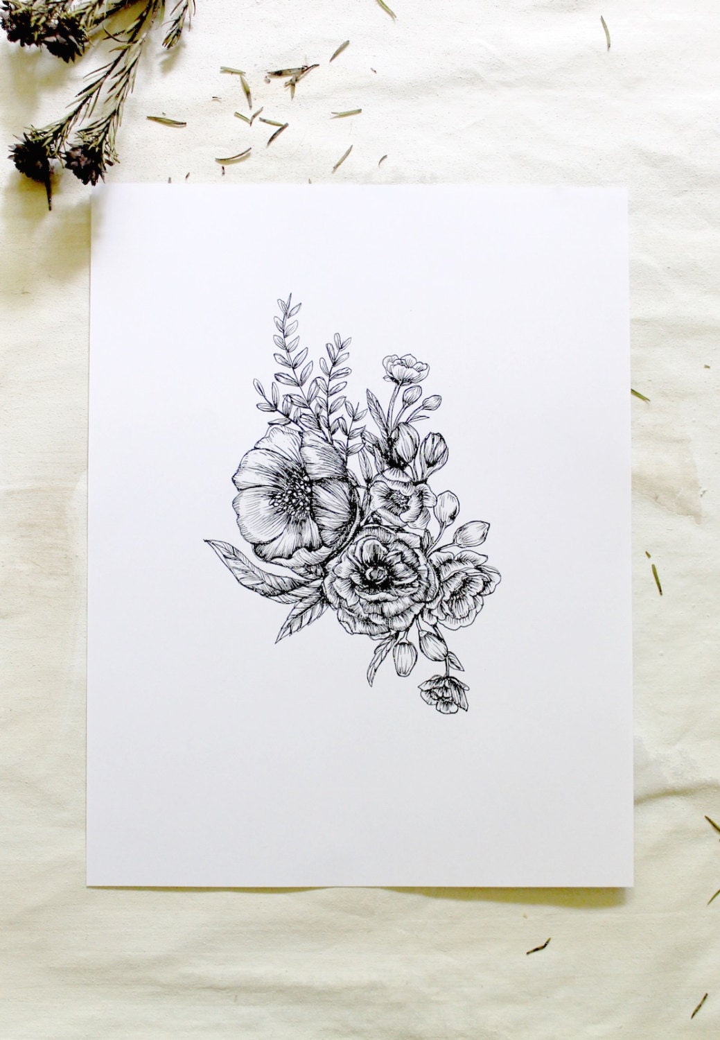 Floral Bouquet Botanical Floral Pen and Ink Hand Drawn