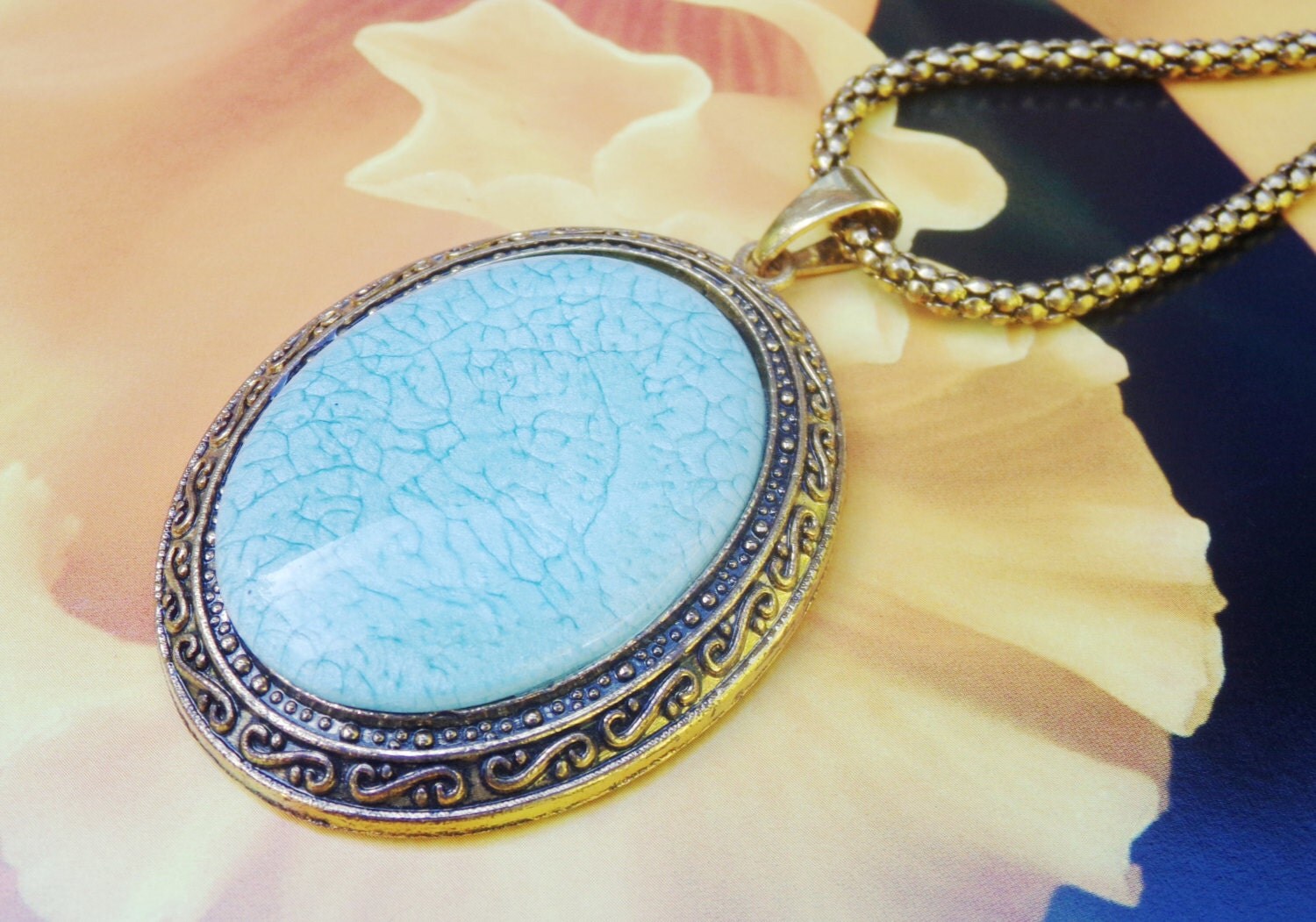 Vintage Large Blue Pendant Necklace, Blue Gold Necklace, Antique Gold ...