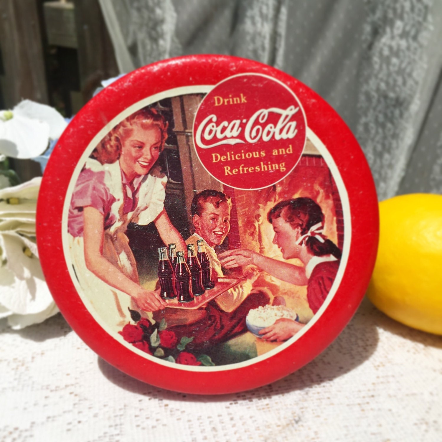 Vintage Decorative Coca-Cola Round tin Canister Box, Advertising, Litho ...