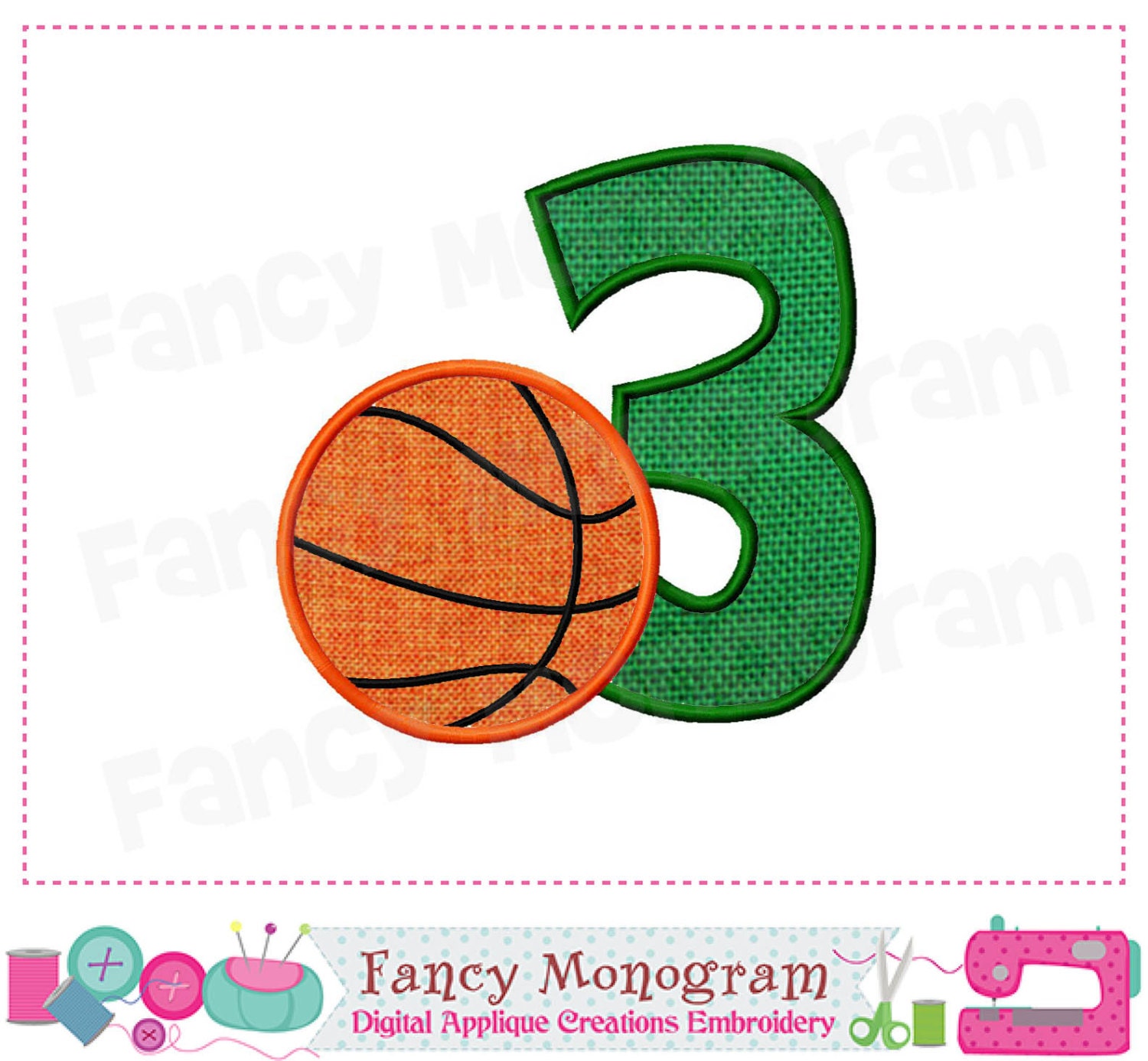 Basketball Number 3 appliqueBirthday Number 3