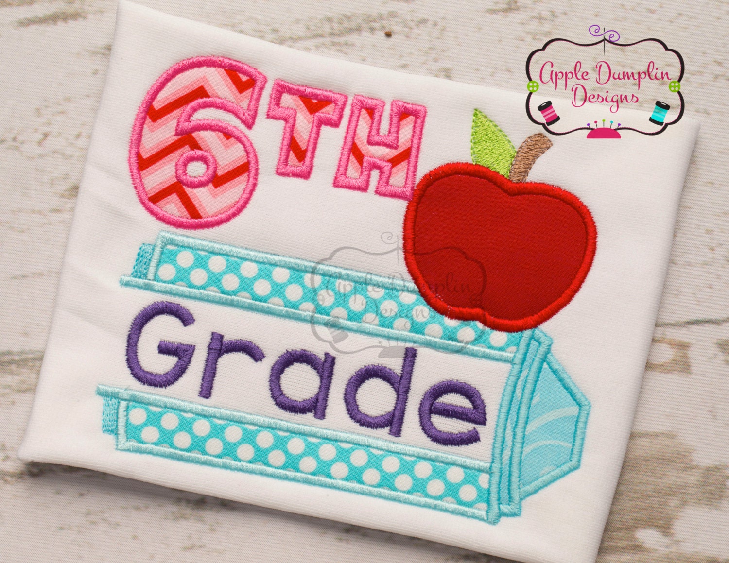 Back to School Cute 6th Grade Crayon with Apple Appliqué