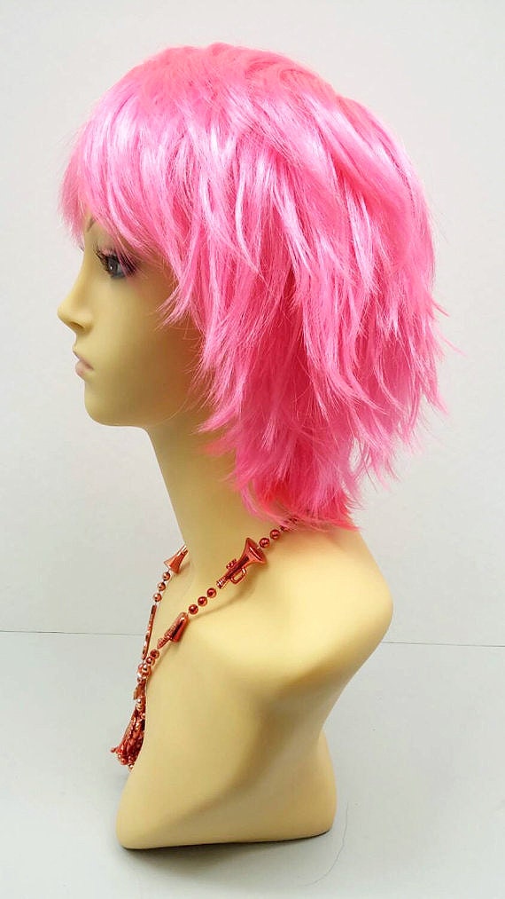 Short Layered Wind Blown Shag Style Hot Pink Cosplay Wig.