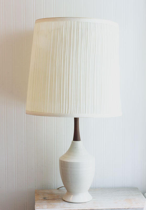 Eames Era Vintage Lamp Ribbed Ceramic and Wood Table Lamp