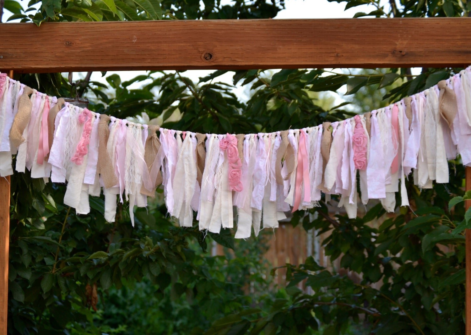 Rustic pink fabric and burlap banner by jrahomedecor on Etsy