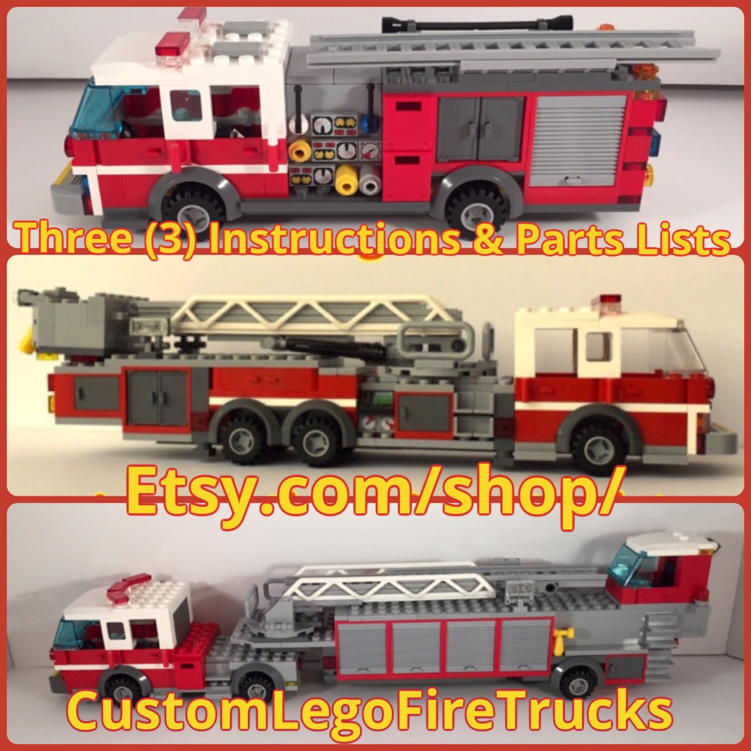 3 Custom Lego Fire Truck Engine Midmount Ladder Truck and