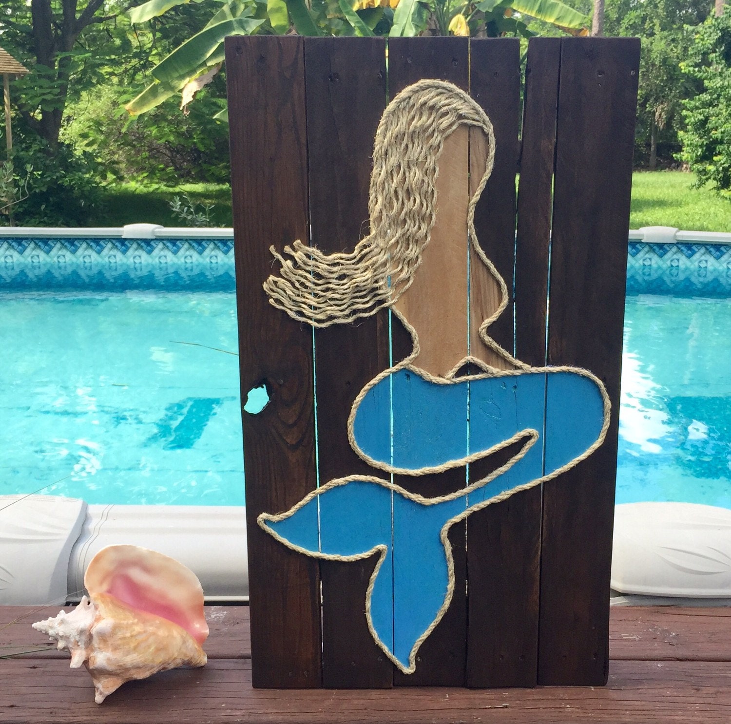 Handmade Mermaid with Rope Beach Pallet Art Coastal Decor Rope
