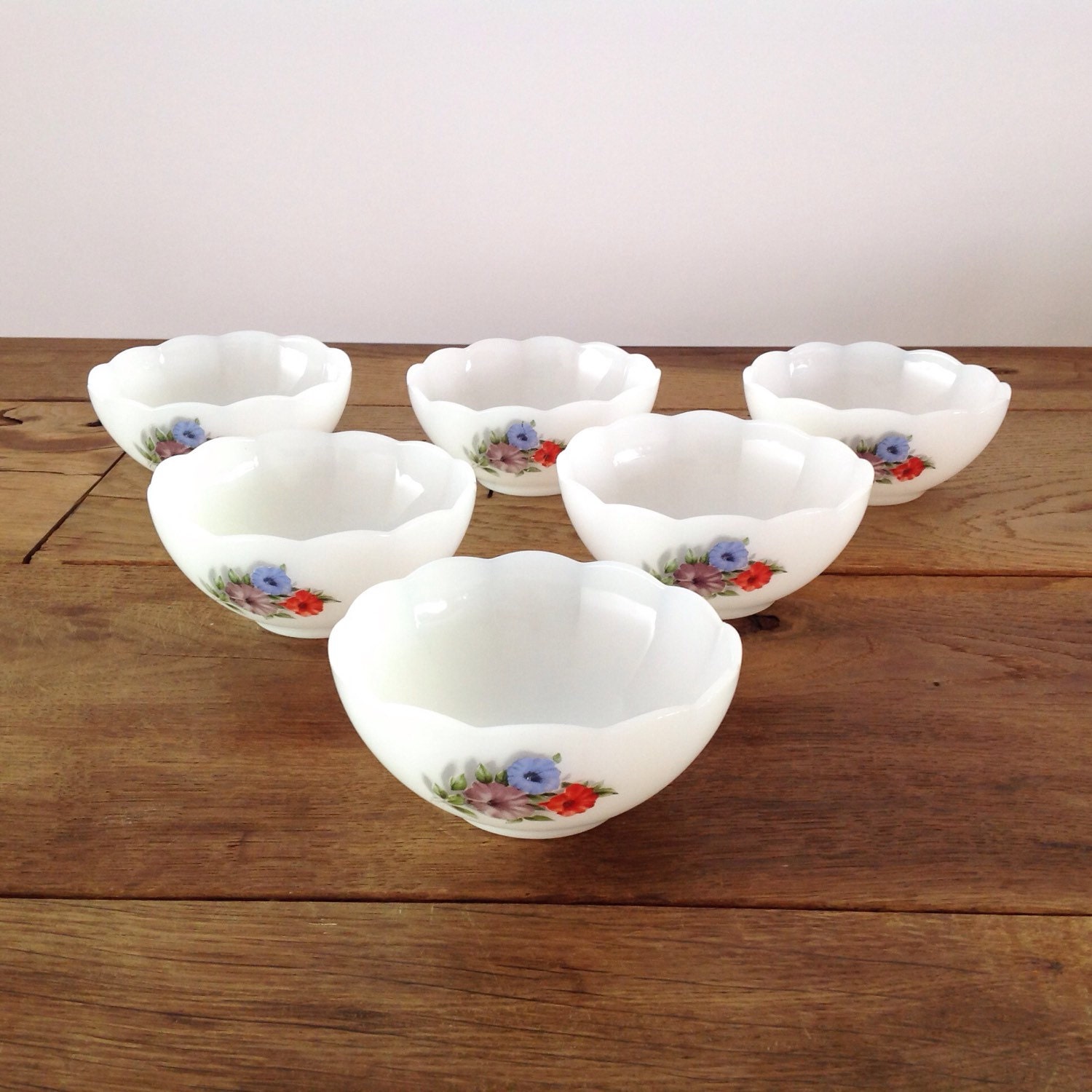 1970’s Arcopal France 6 Bowls /Ramekins White Milkglass Retro “Bindweed ...