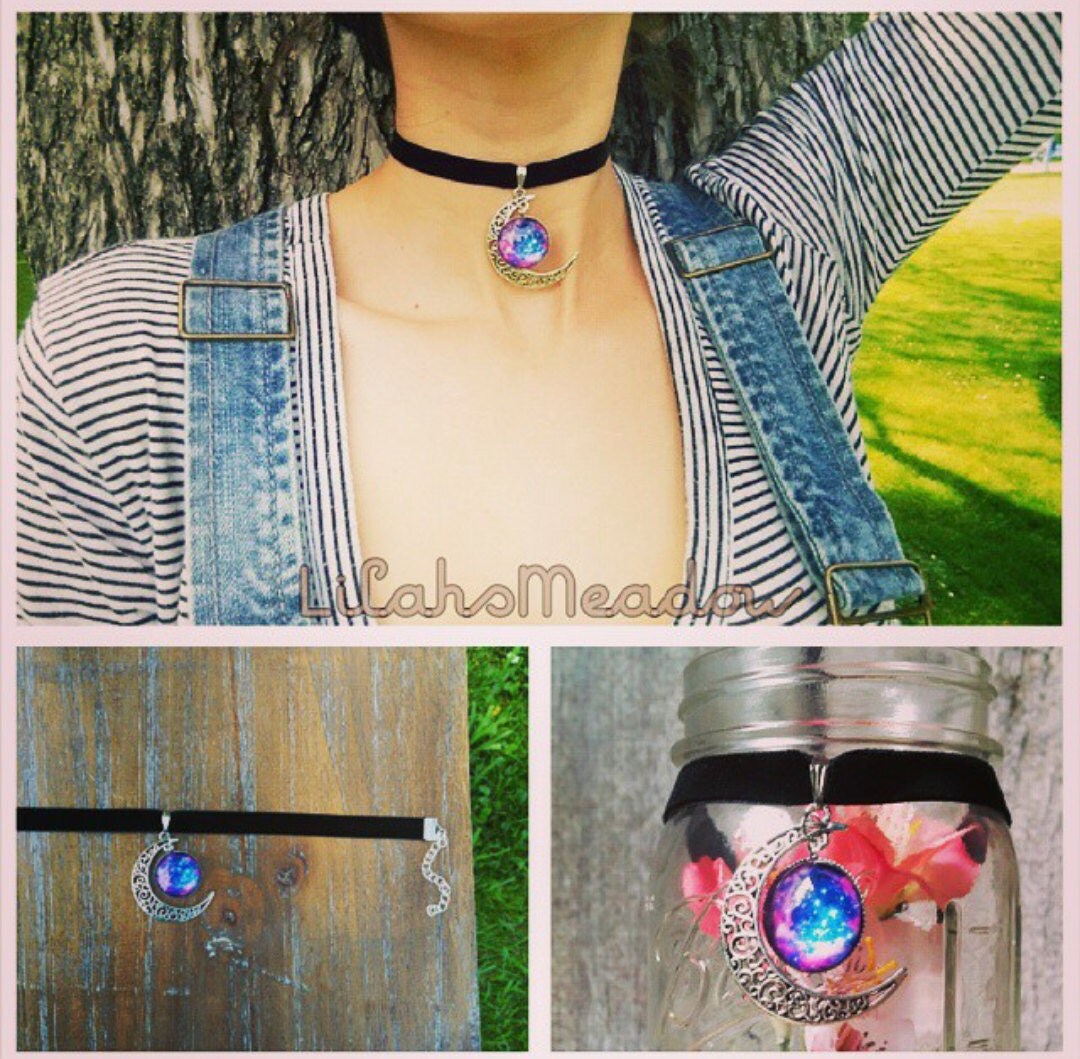 Galaxy Crescent Moon Choker Black Velvet Choker by LilahsMeadow