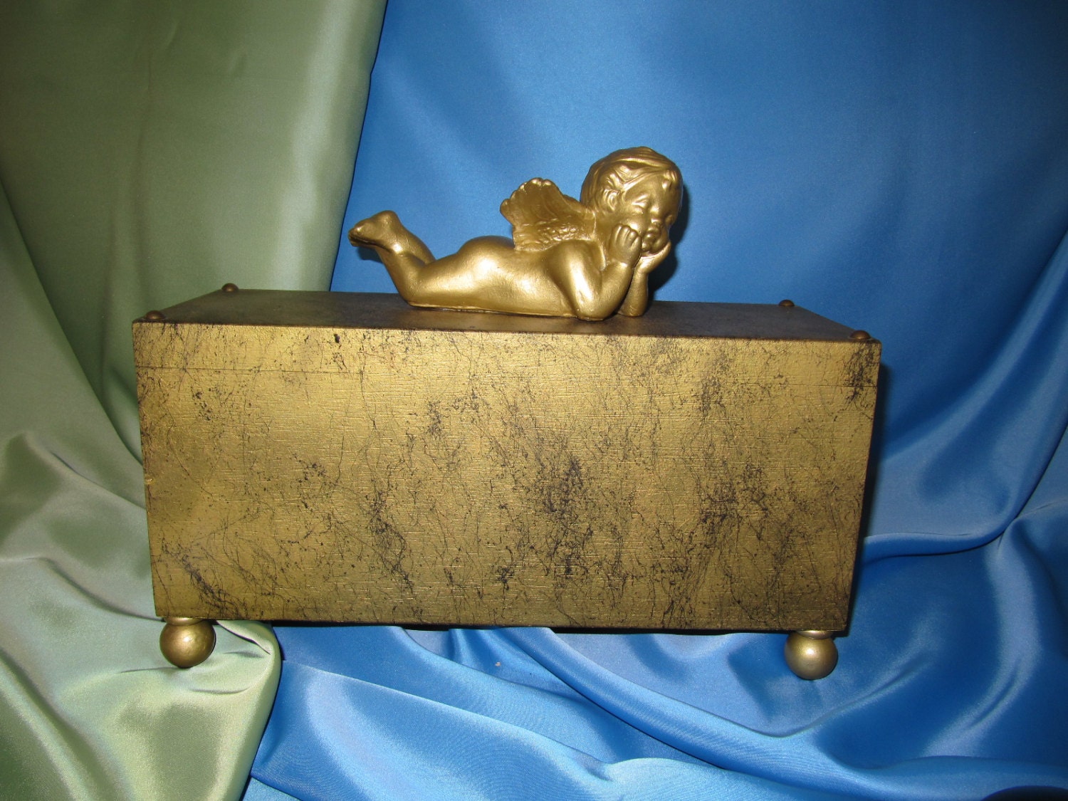 WOOD BOX with ANGEL, Gold Painted Wooden Storage Box with Golden Angel ...