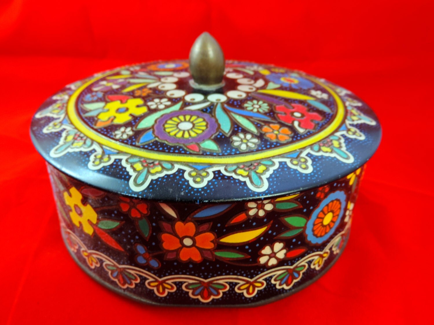 vintage daher tea tin. colorful stained glass flowers storage container ...