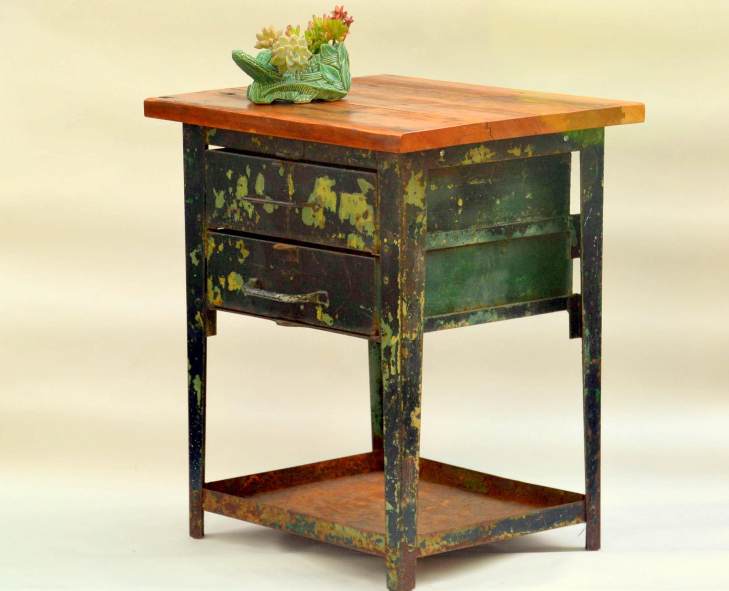Steel Industrial Workshop Table + Dovetail Wooden Top: 2 Drawer Green ...