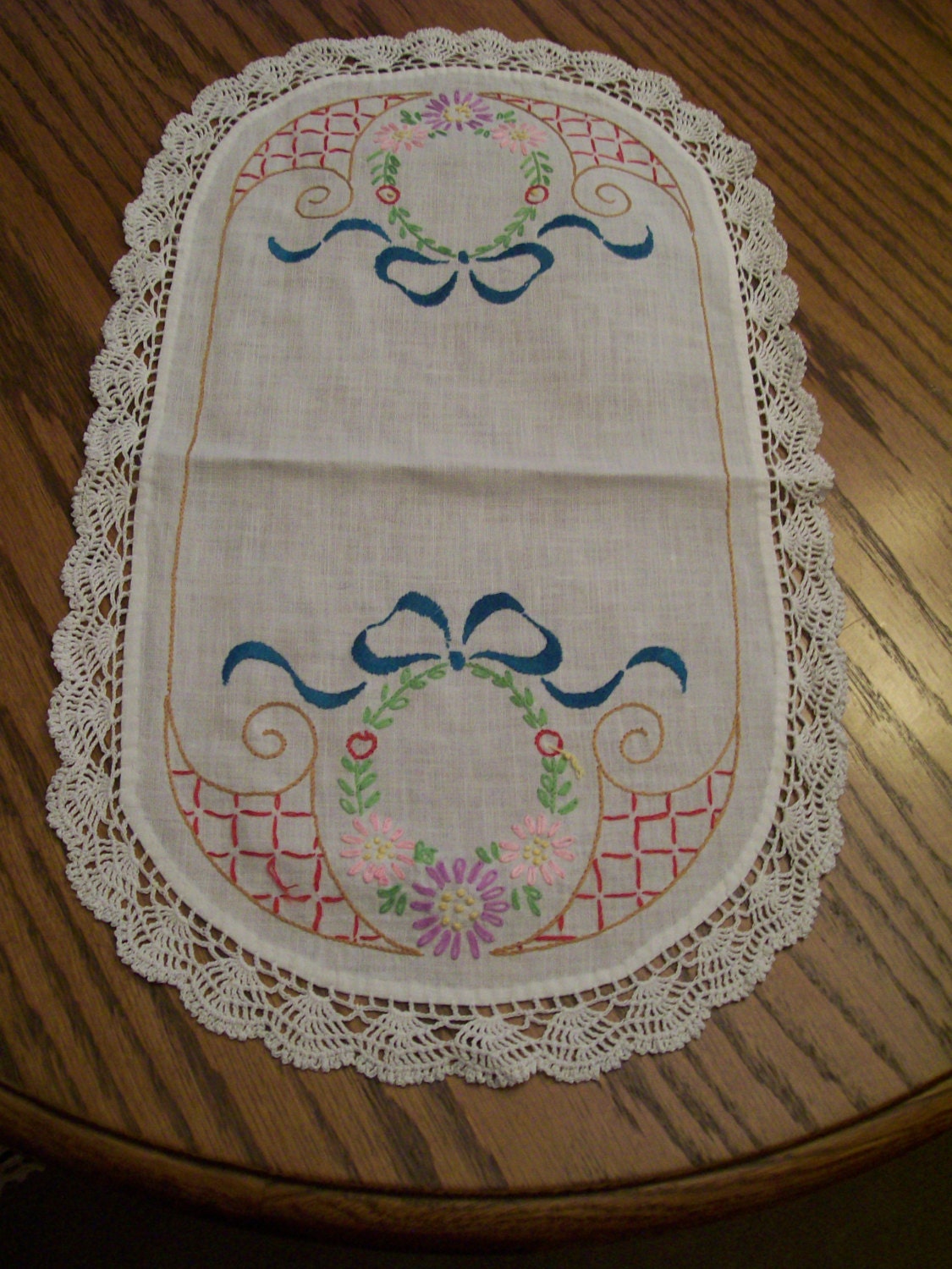 Embroidered Crocheted Doily Vintage Hand Stitched Oval Doily