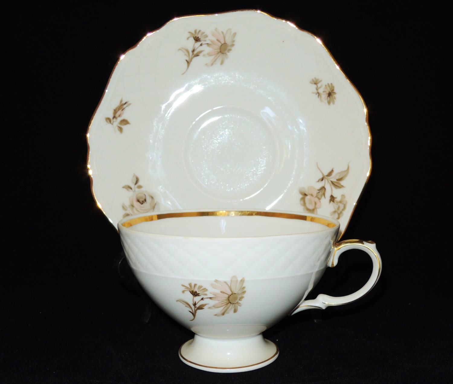 P E M Royal Princess Fine China Teacup Gray Roses Pattern