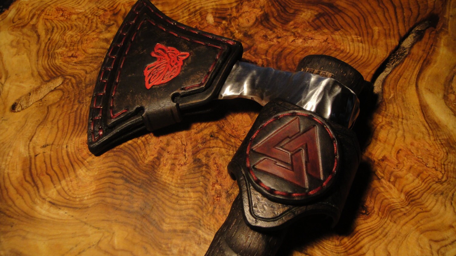 Flint knap style Hand Axe Fenris Sheath Valknut beltloop