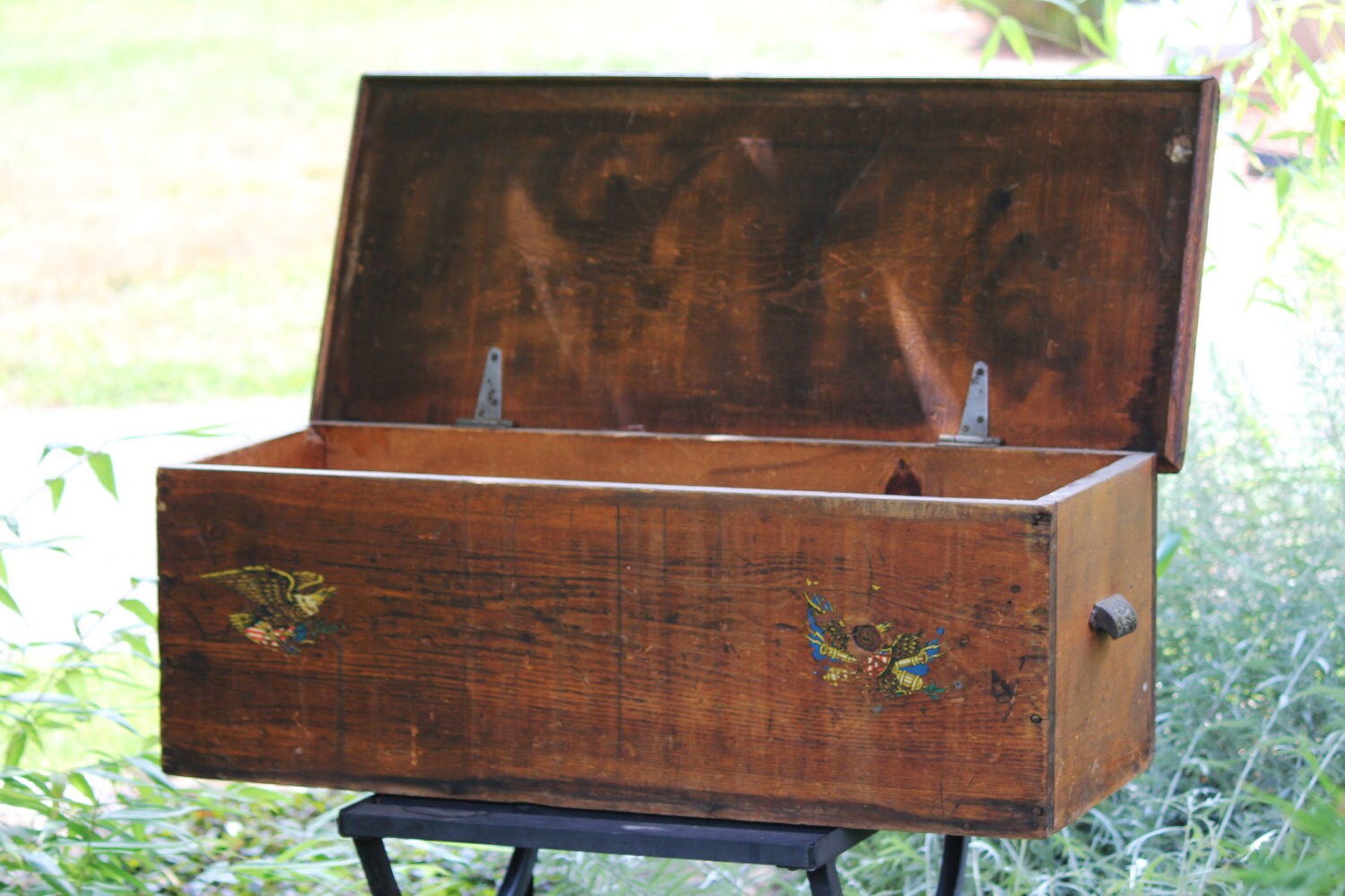 Antique Primitive Americana Nail Trunk with ornate handles and hinged ...