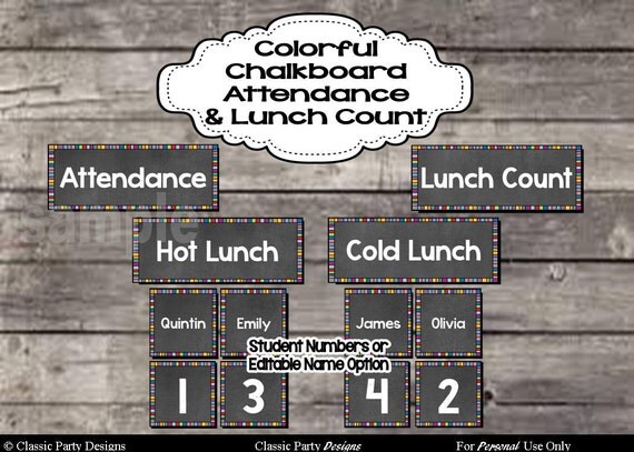Colorful Chalkboard Attendance and Lunch Count with Editable Name Cards ...