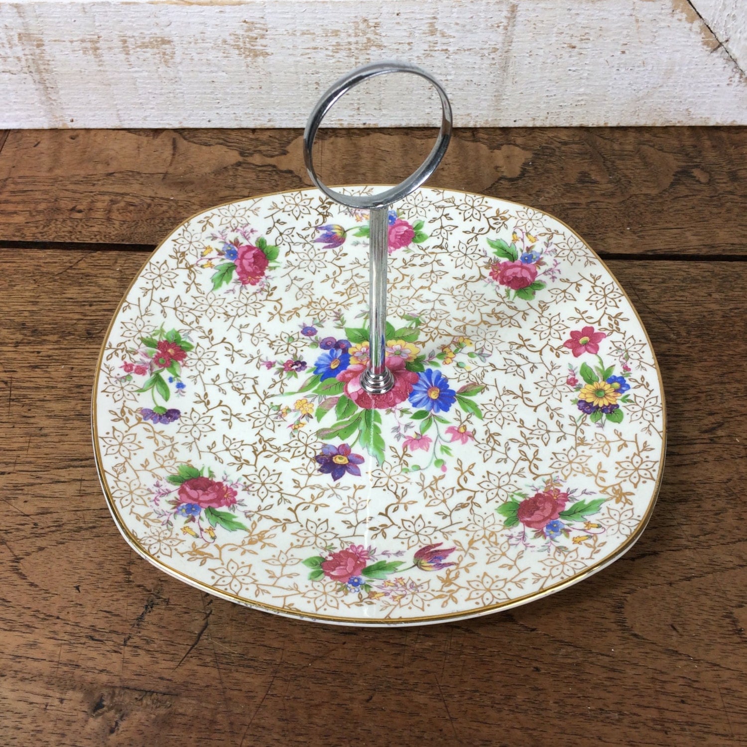 Midwinter all over floral design single tier vintage cake plate with ...