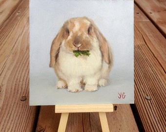 Small rabbit bunny art. Original oil painting. Pet by YanasFineArt