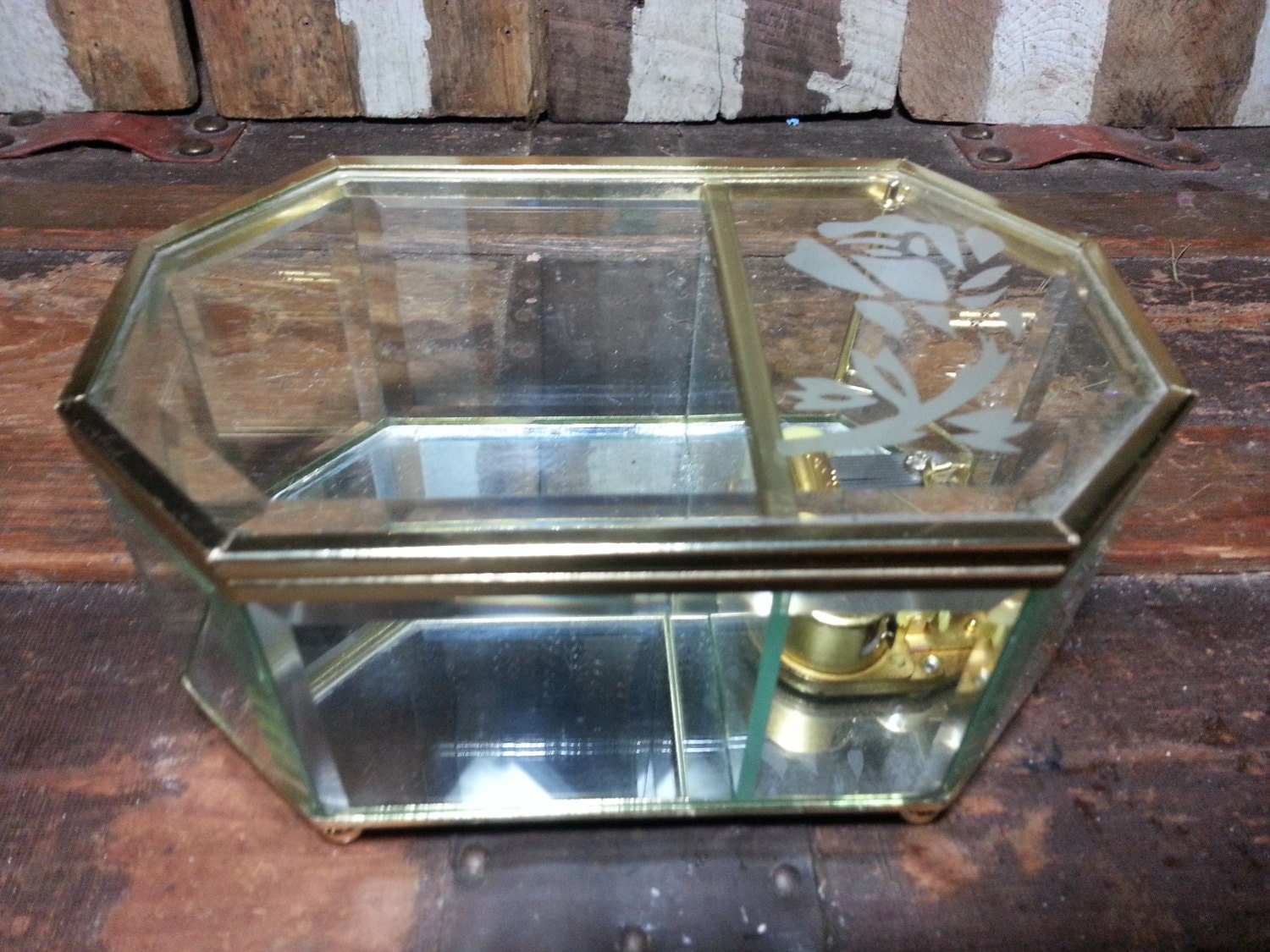 Brass and Beveled Etched Flower Decor Glass Music Musical Vanity ...