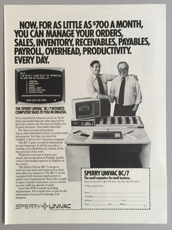 Items similar to 1978 Sperry Univac Print Ad - Sperry Rand - Sperry Univac BC/7 Business ...