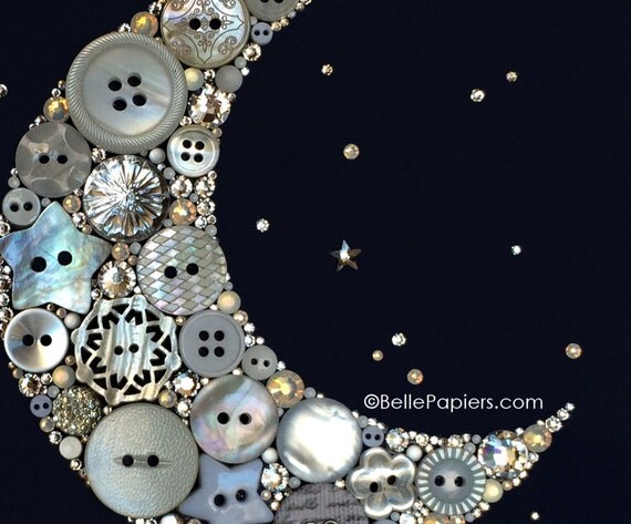 5x7 Button Art Crescent Moon and Stars Button Moon by BellePapiers
