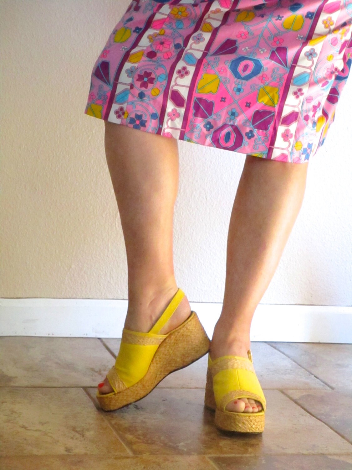 Vintage 70s Shoe. Boho Chic Vegan Platform Sandal. Yellow Linen & Jute ...