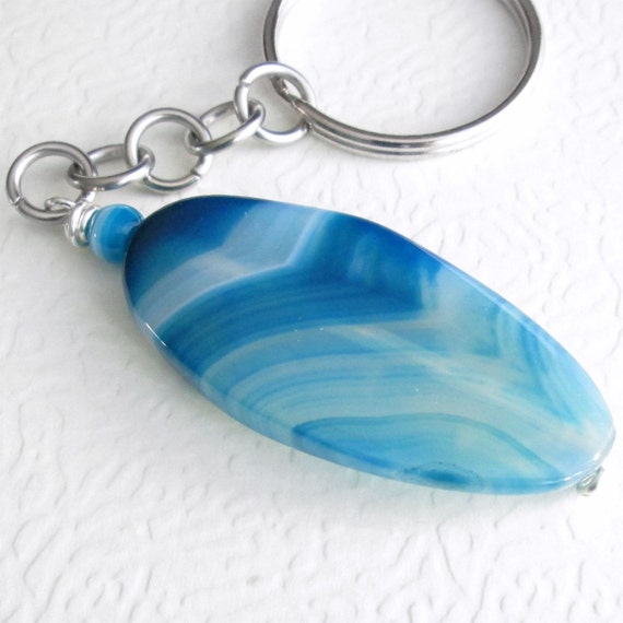 Agate Stone Key Chain Azure Blue Key Fob Handmade by cindylouwho2