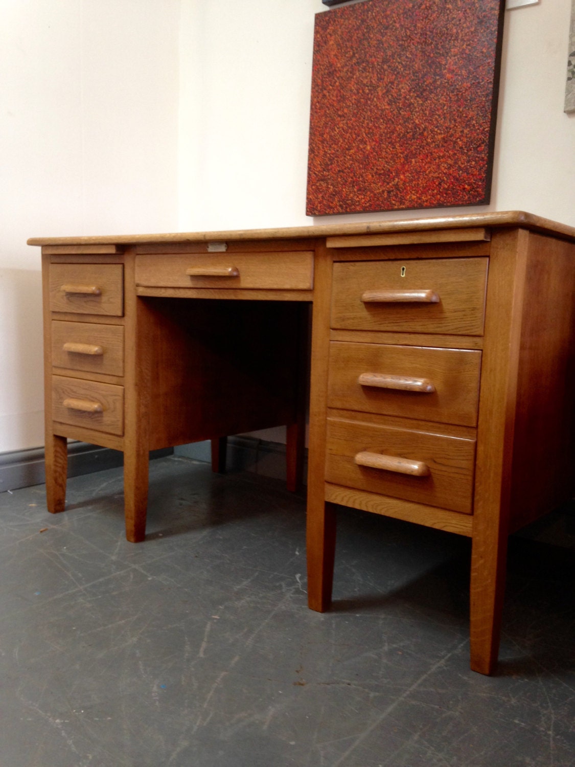 Mid Century Large Oak Desk, fully restored Vintage office furniture ...