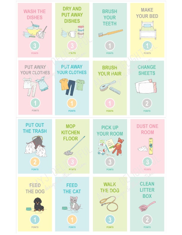 Children's Printable CHORE CARDS with POINTS Digital File