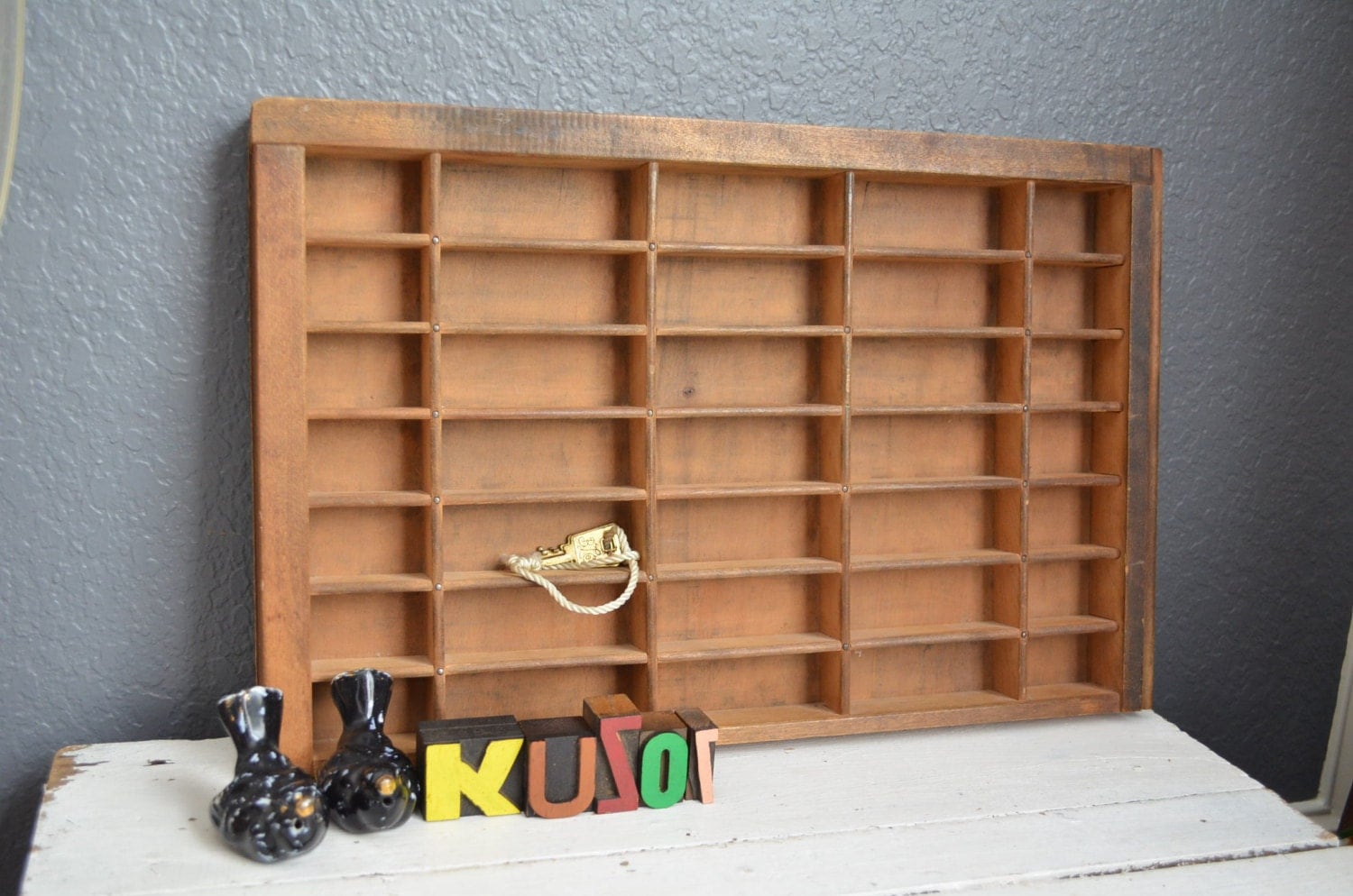 Small Vintage Letterpress Tray – Brown Divided Wall Shelf – Wooden ...